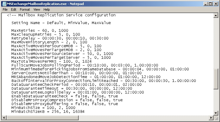 Tweaking the Mailbox Replication Service configuration file ...